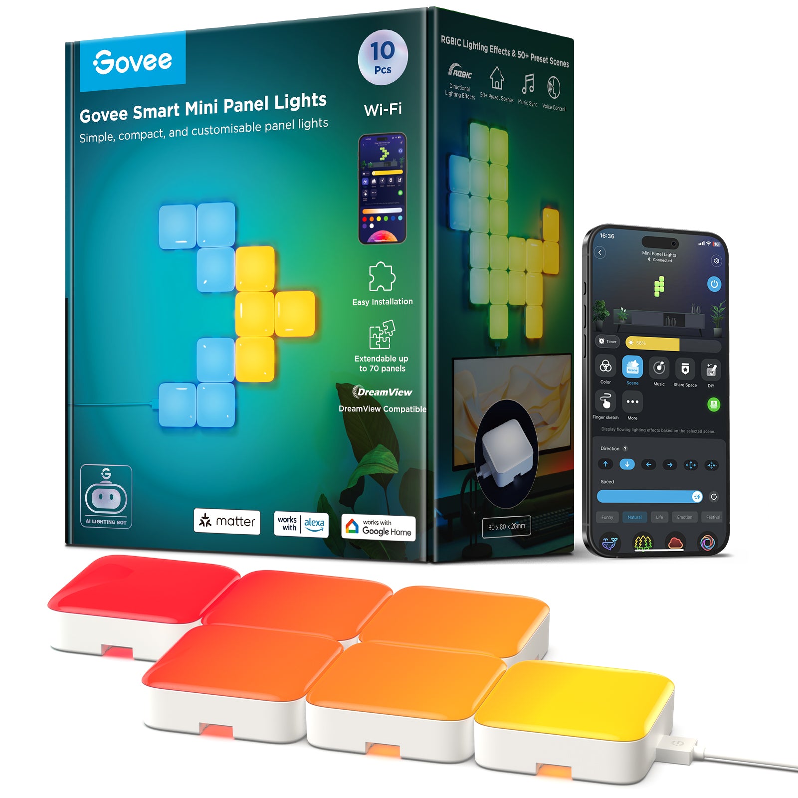 Govee RGBIC Mini Panel Light Kit – 10 Pack Smart Wall Panels (Matter C
